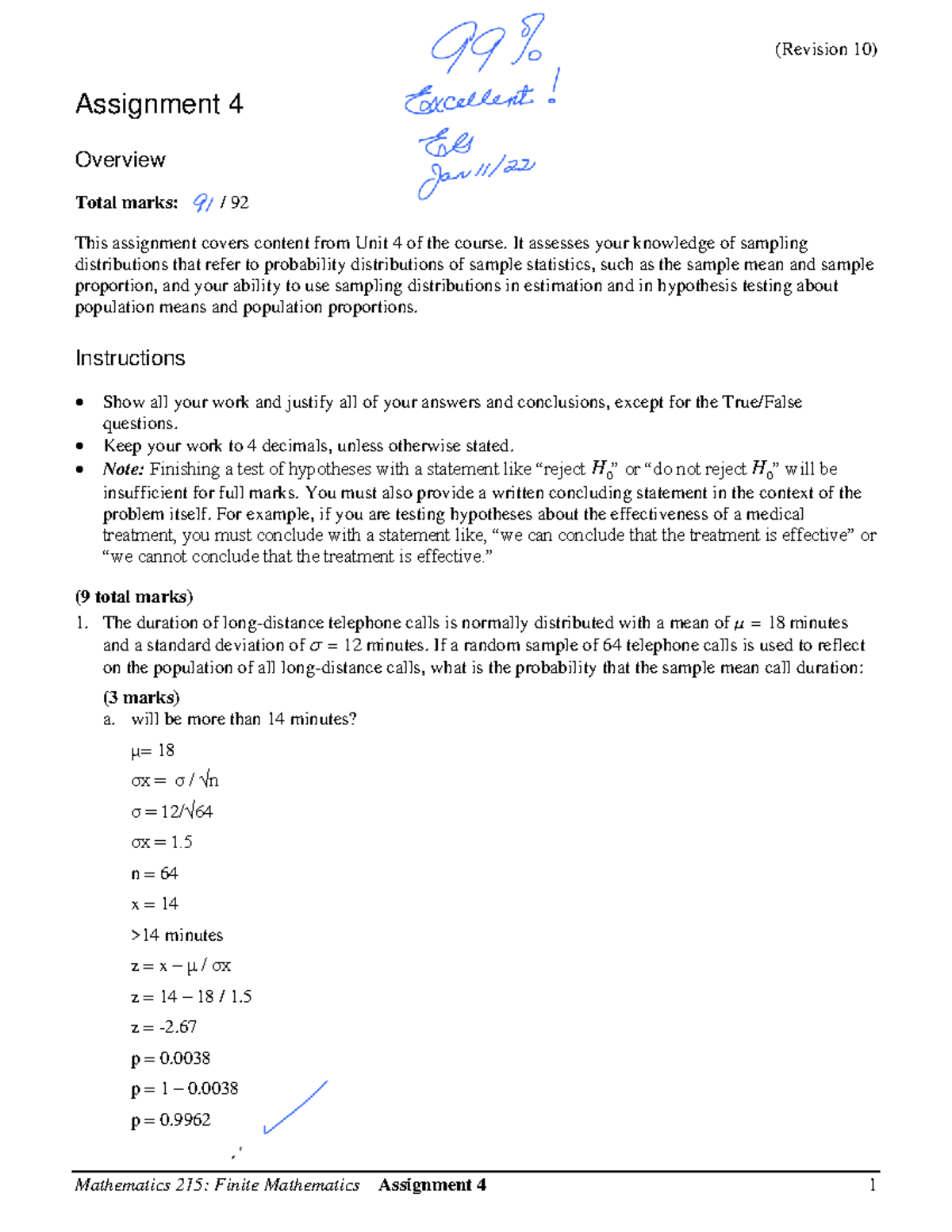 Assignment 4 Solutions and Analysis - MATH 215 - Studocu