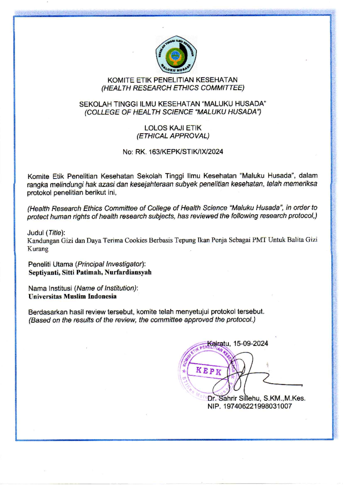 EA-20240915 Ethical Approval for Research on Fish Flour Cookies - Studocu