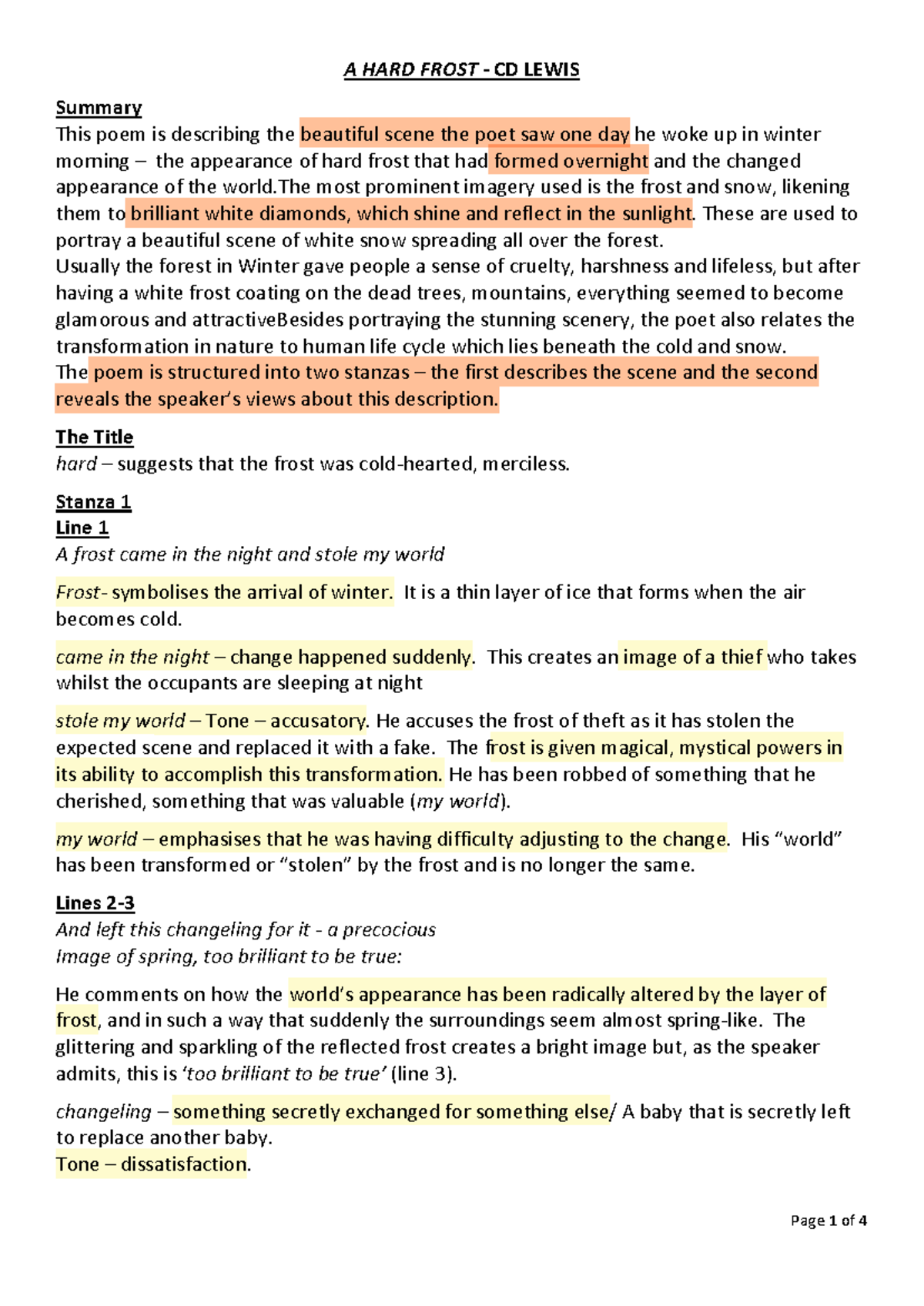 A-Hard-Frost - Poem Analysis and Notes for Literature Studies - Studocu