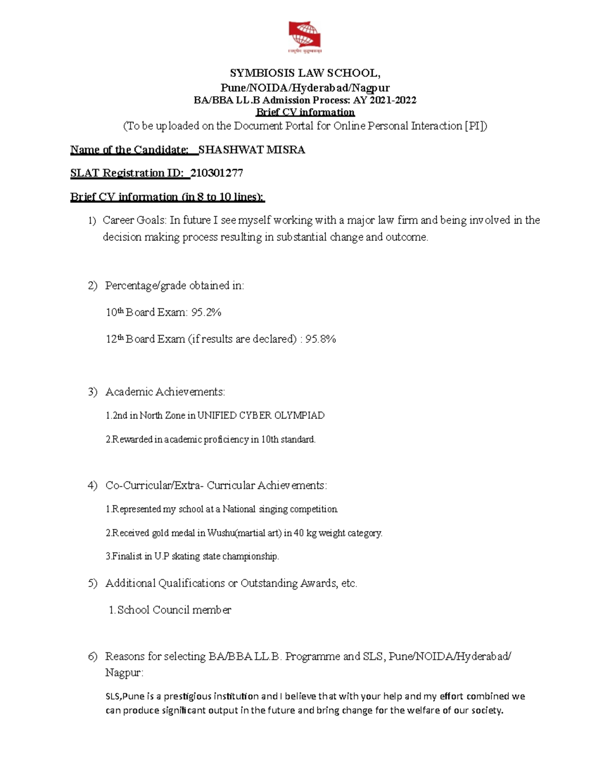 Brief CV for Admission to BA/BBA LL.B (Hons) - SYMBIOSIS SLS - Studocu