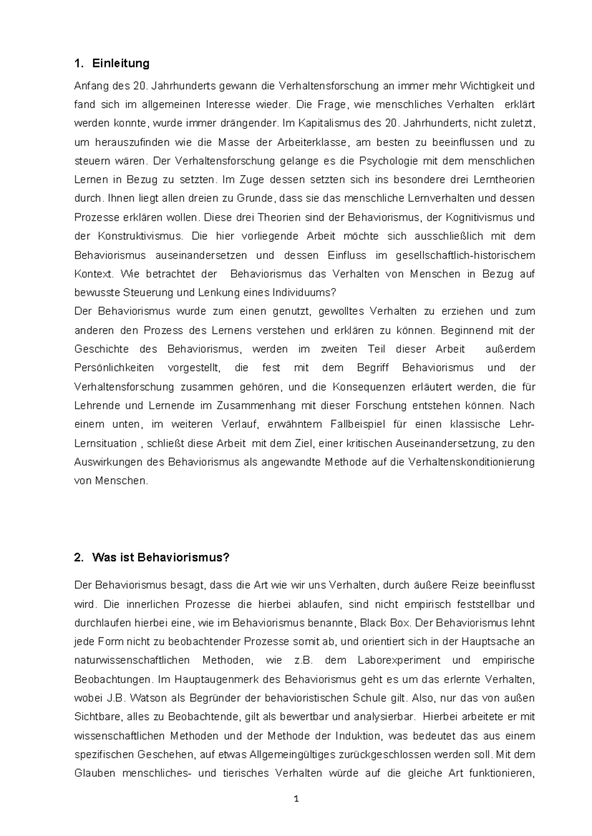 Hausarbeit: Der Einfluss des Behaviorismus auf Lernprozesse - Studocu