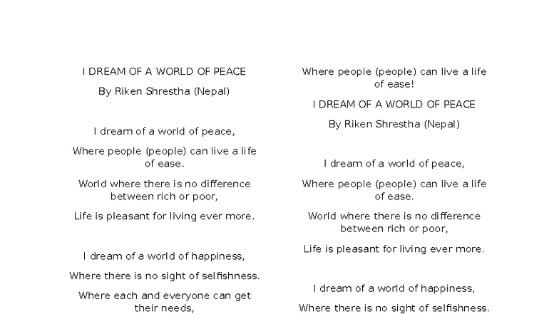 I DREAM OF A WORLD OF PEACE: A Poetic Vision - Studocu
