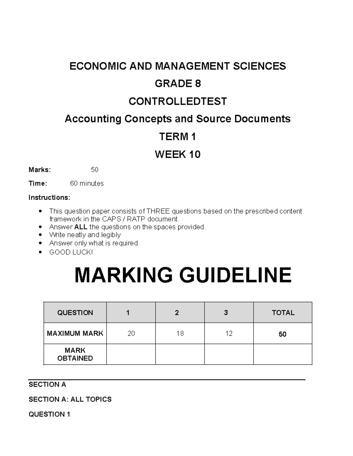Grade 8 EMS - Task 2 - Term 1 Controlled Test Marking Guide - Studocu