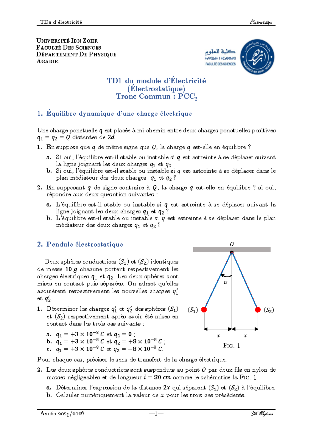 TD1 Électrostatique PCC2 : Équilibre des Charges et Pendule ...