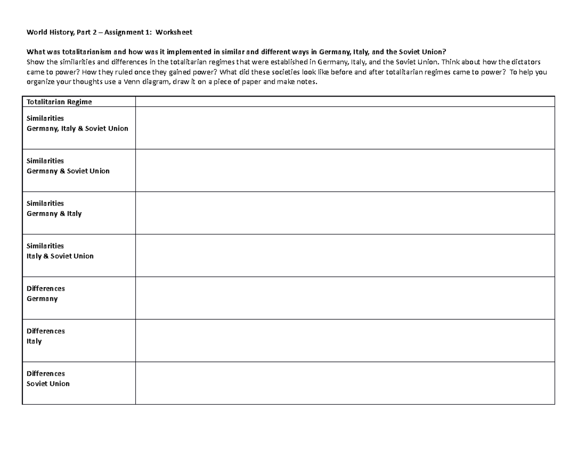 WH2-Assignment 1: Totalitarianism in Germany, Italy & USSR Worksheet ...
