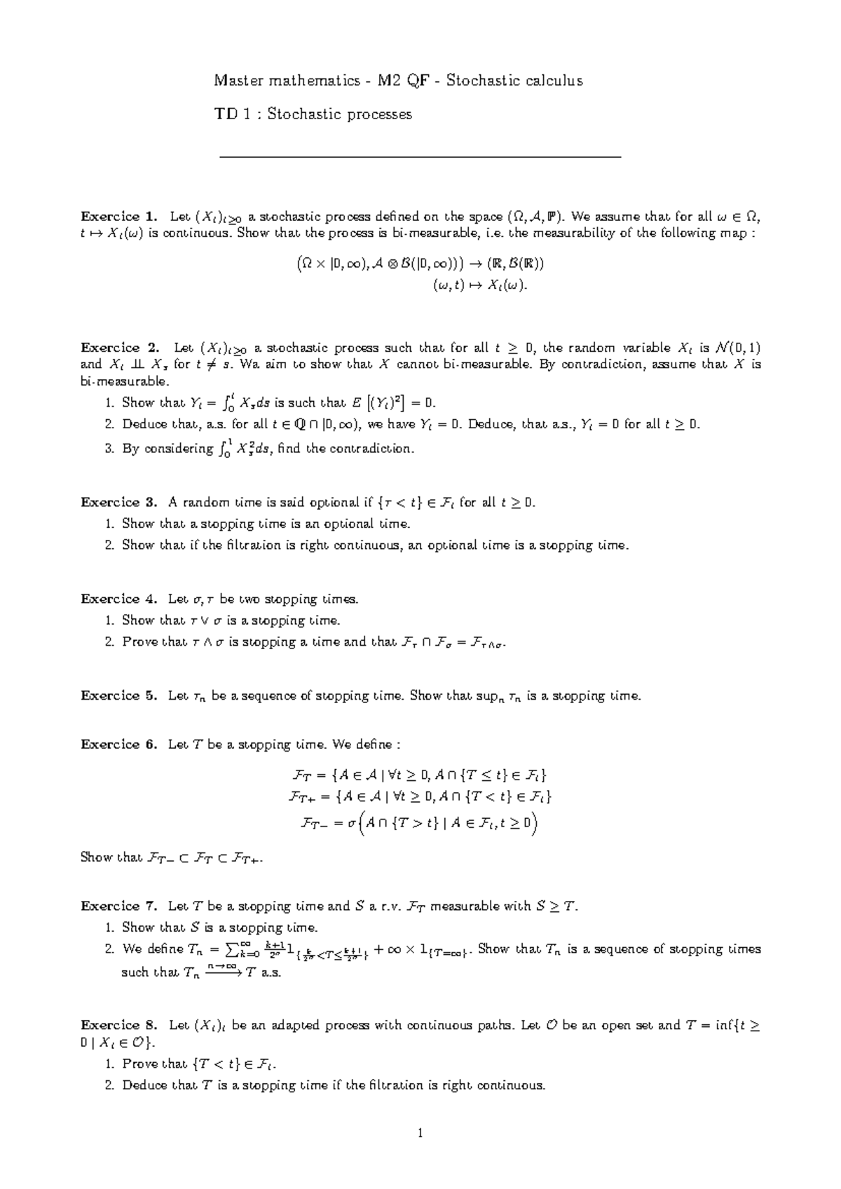 Master Mathematics M2 QF Stochastic Calculus TD1: Stochastic Processes ...