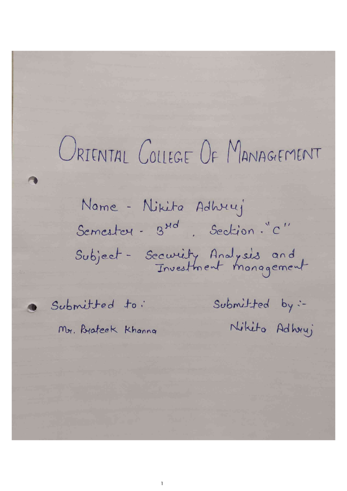 SAIM....Unit 1 - notes - ORIENTAL COLLEGE OF MANAGEMENT Name Nikita ...