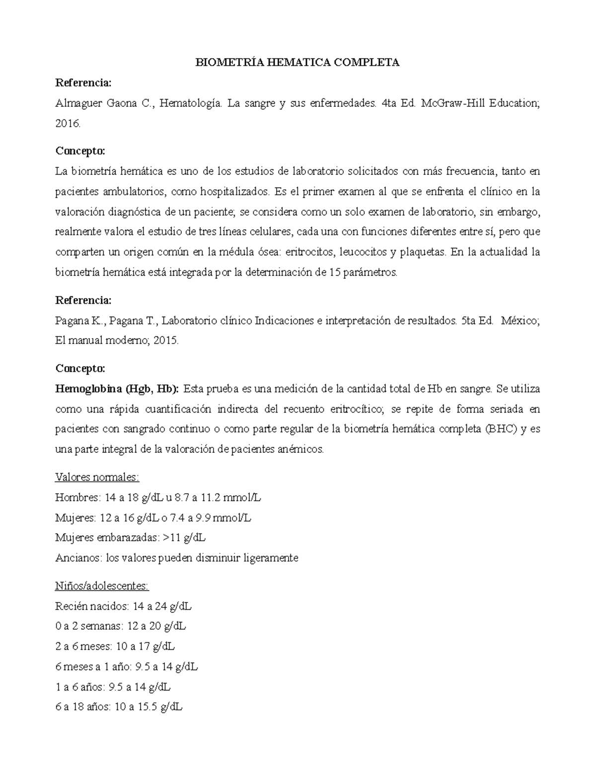 Biometría Hemática Completa: Parámetros y Valores Normales - Studocu