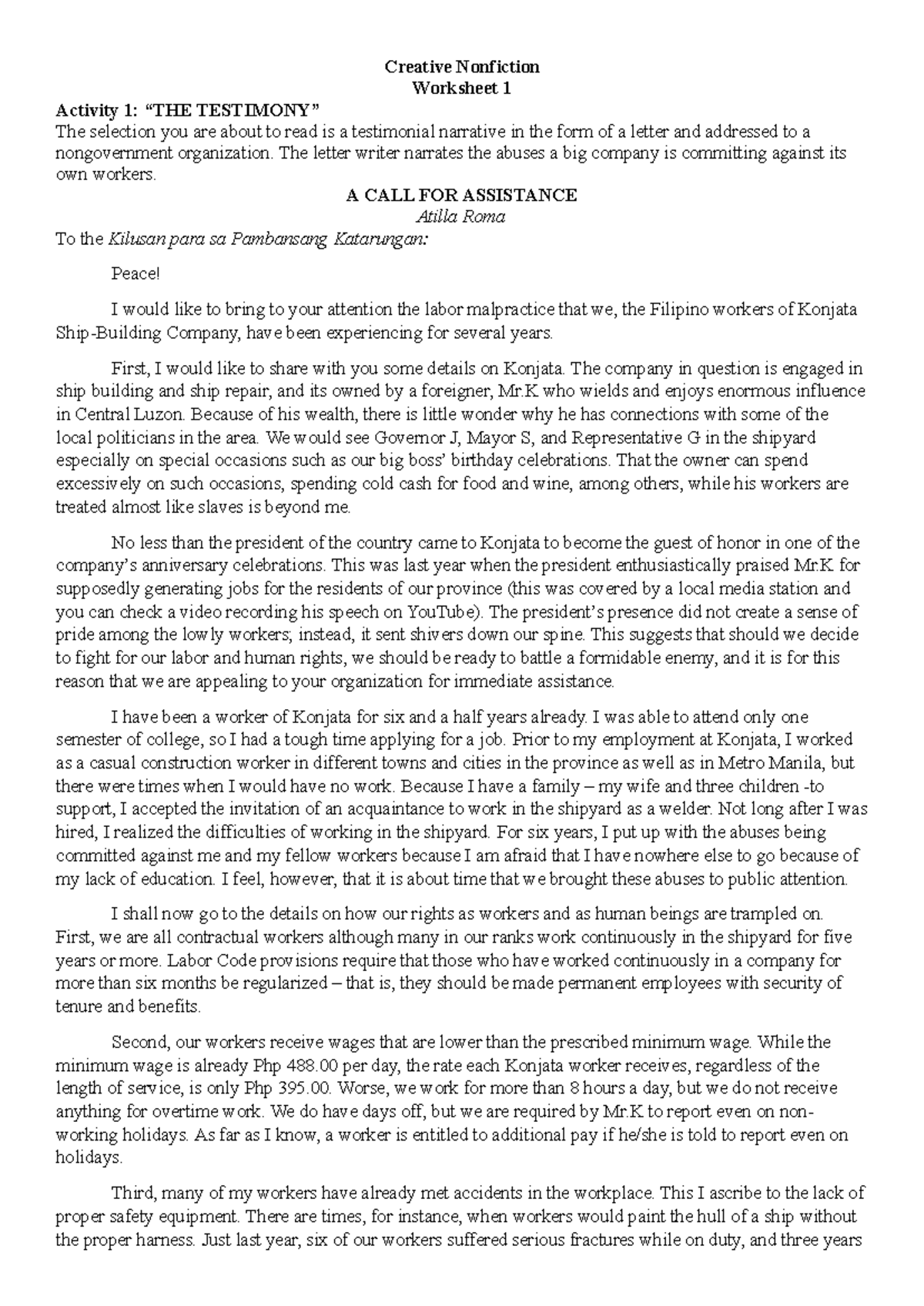 CNF Worksheet 1: Testimonial Narrative on Labor Rights Abuses - Studocu