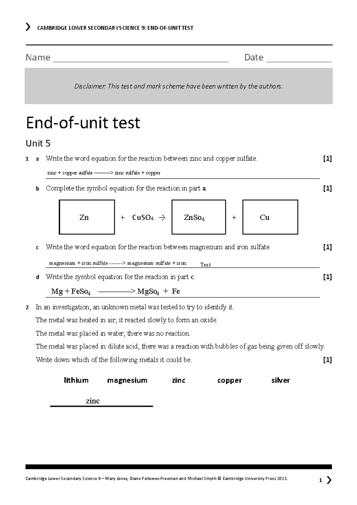 S9 End-of-Unit 5 Science Test Questions and Tasks - Studeersnel
