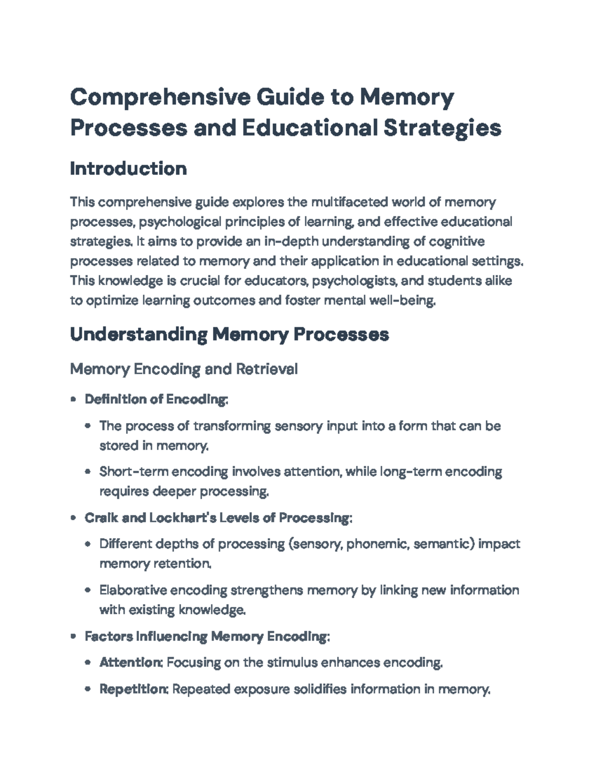 Comprehensive Guide to Memory Processes and Educational Strategies ...