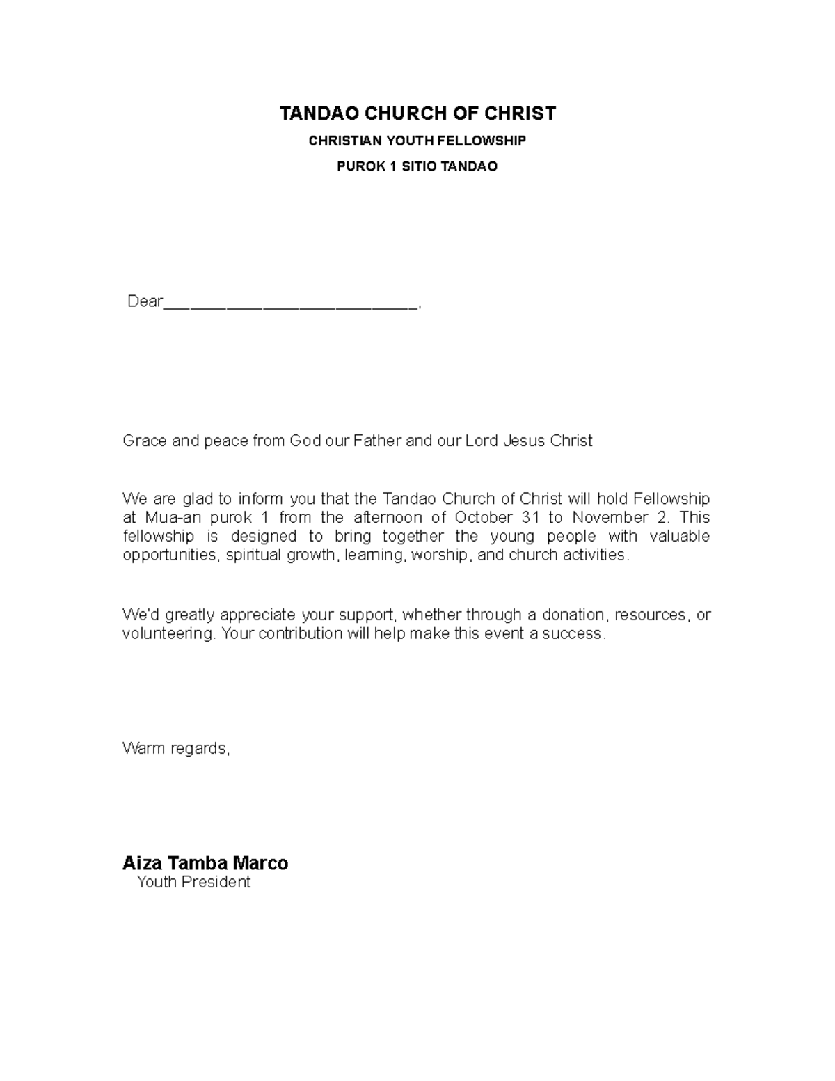 Solicitation letter - TANDAO CHURCH OF CHRIST CHRISTIAN YOUTH ...