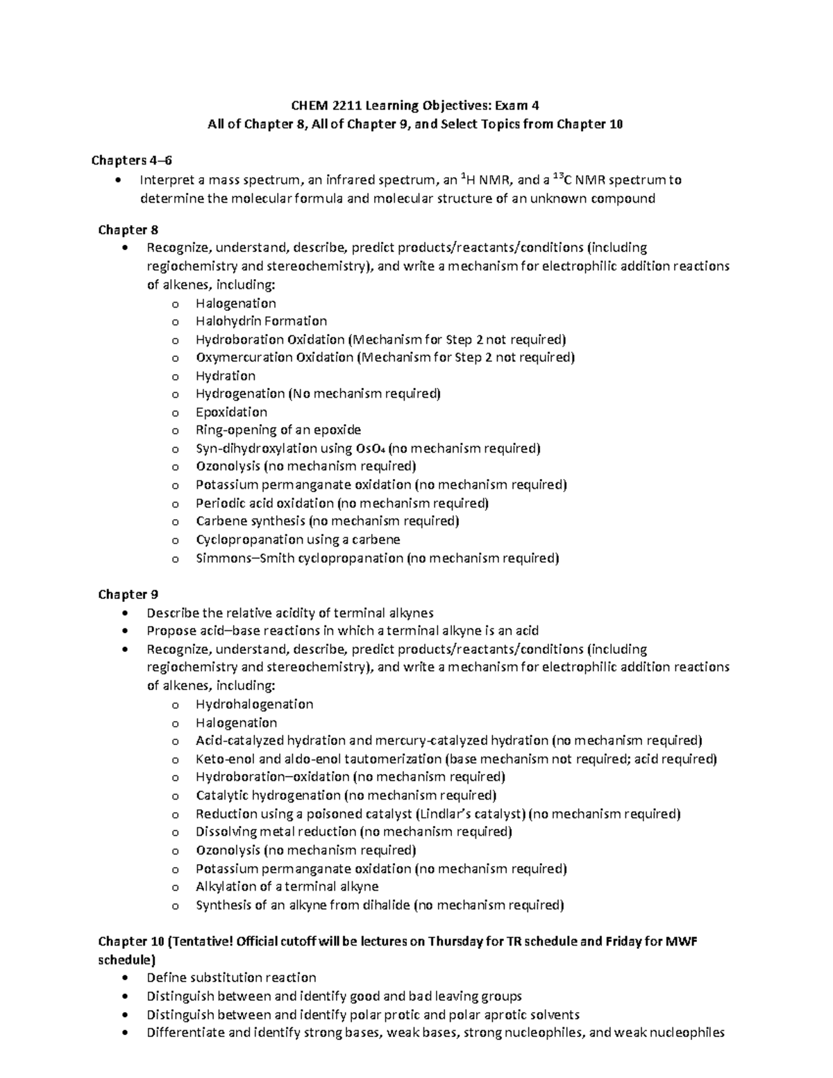 Chem 2211 learning objectives: exam 4 chapters 8-10 overview - Studocu