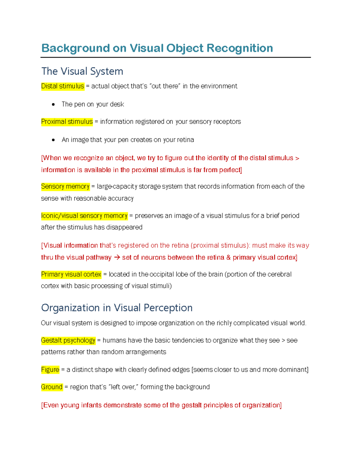 Perceptual Processes I - Visual and Auditory Recognition - Background on Visual Object ...