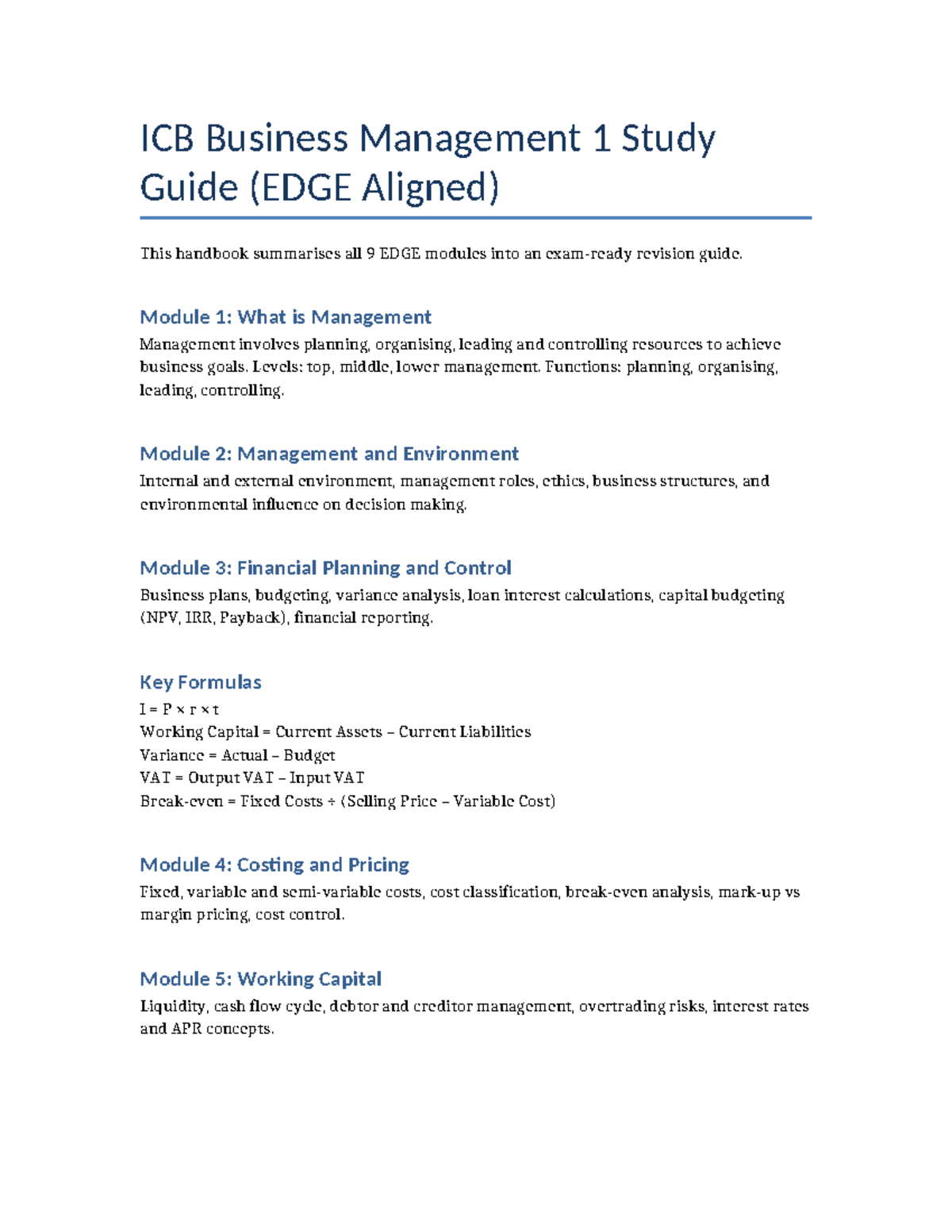 ICB Business Management 1 Revision Guide (EDGE Modules Summary) - Studocu