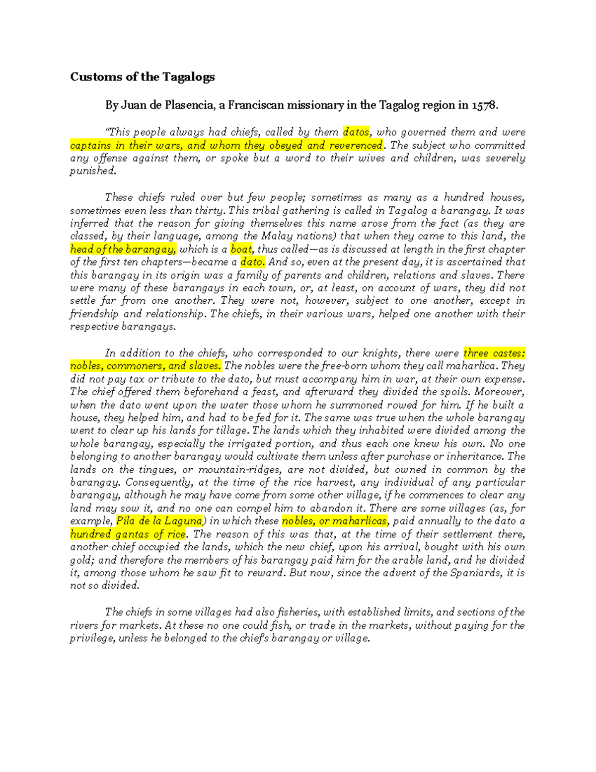 Customs and Social Structure of the Tagalogs in 1578 - Studocu