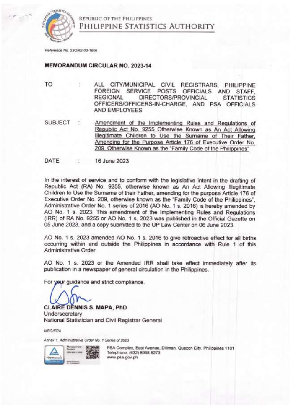 PSA MC NO. 2023-14: Amendments to RA No. 9255 Implementing Rules - Studocu