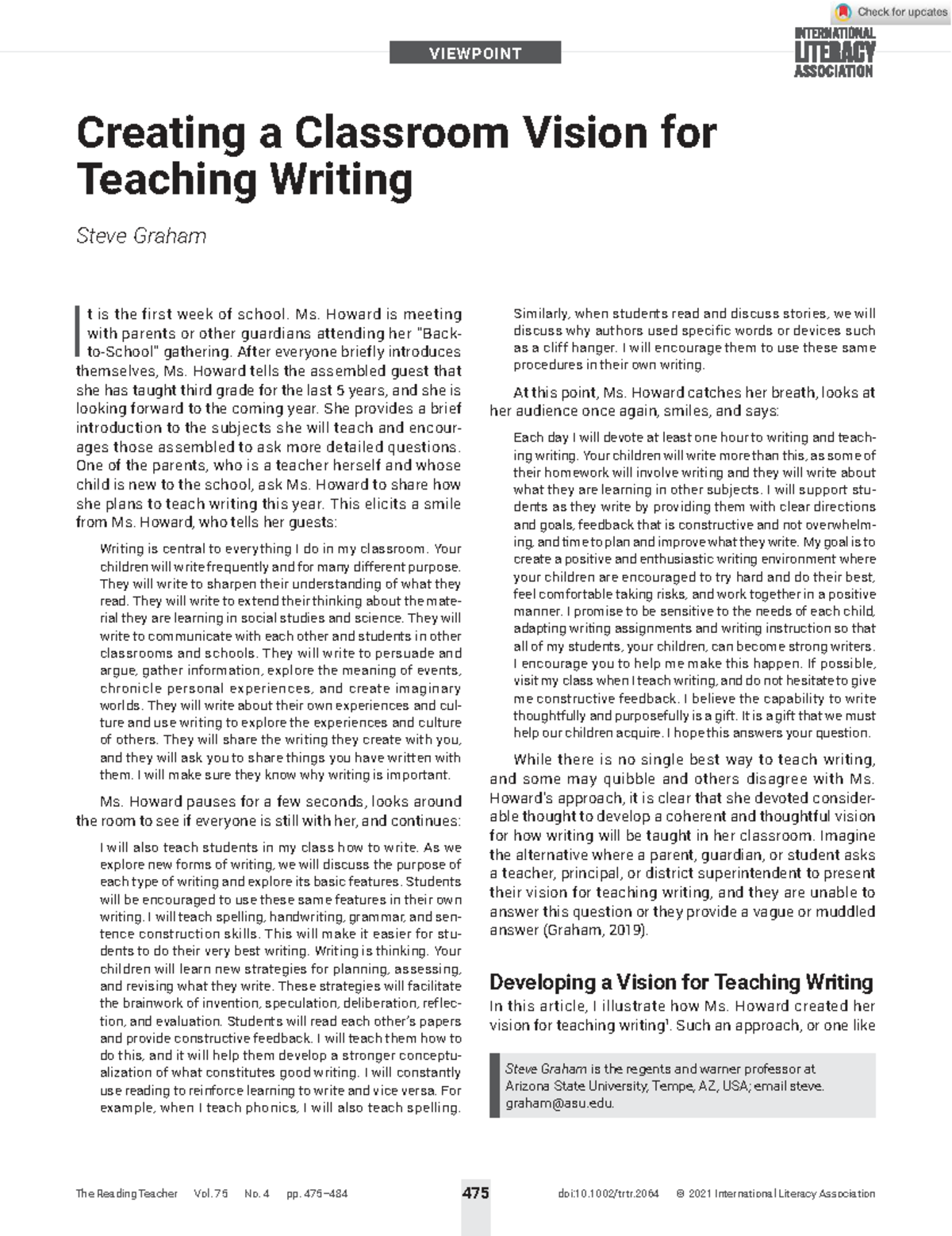Creating a Classroom Vision for Writing Instruction: Ms. Howard’s ...