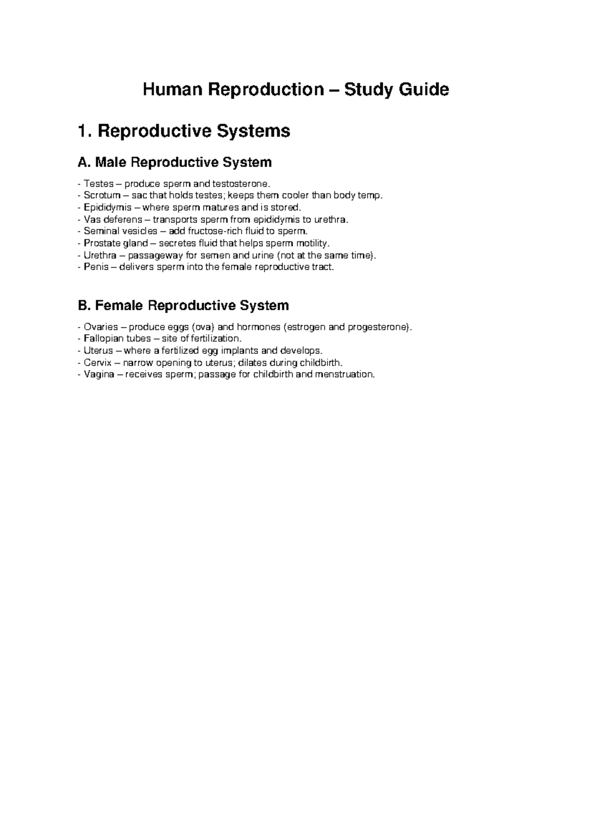 Human Reproduction Study Guide: Male & Female Systems Overview - Studocu