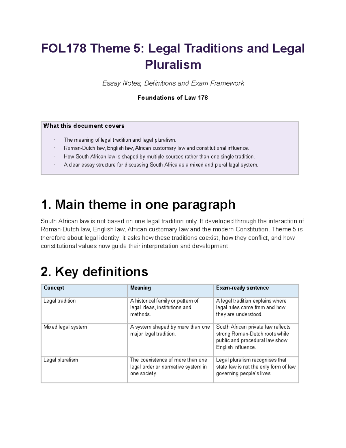 FOL178 Final Exam Notes: Legal Traditions & Pluralism in SA Law - Studocu