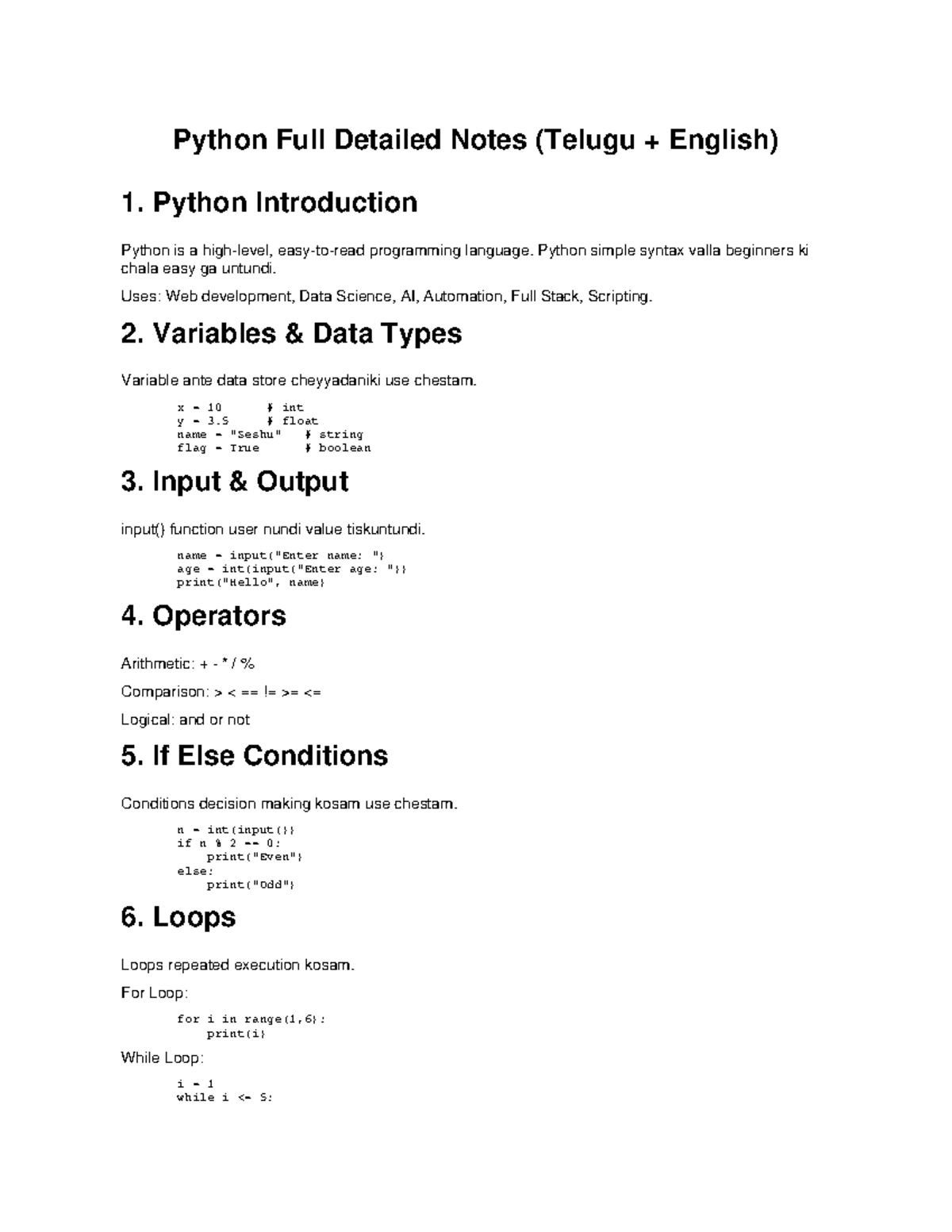 Python Comprehensive Notes: Programming Basics in Telugu-English - Studocu