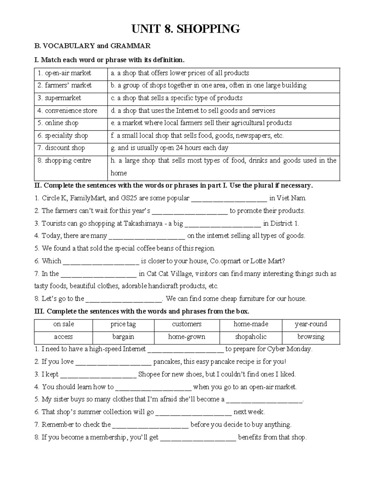 UNIT 8 LỚP 8 - SHOPPING VOCABULARY & GRAMMAR EXERCISES - Studocu