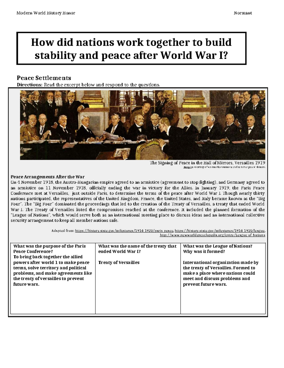 Modern World History Honor Normant: Peace Settlements Post WWI - Studocu
