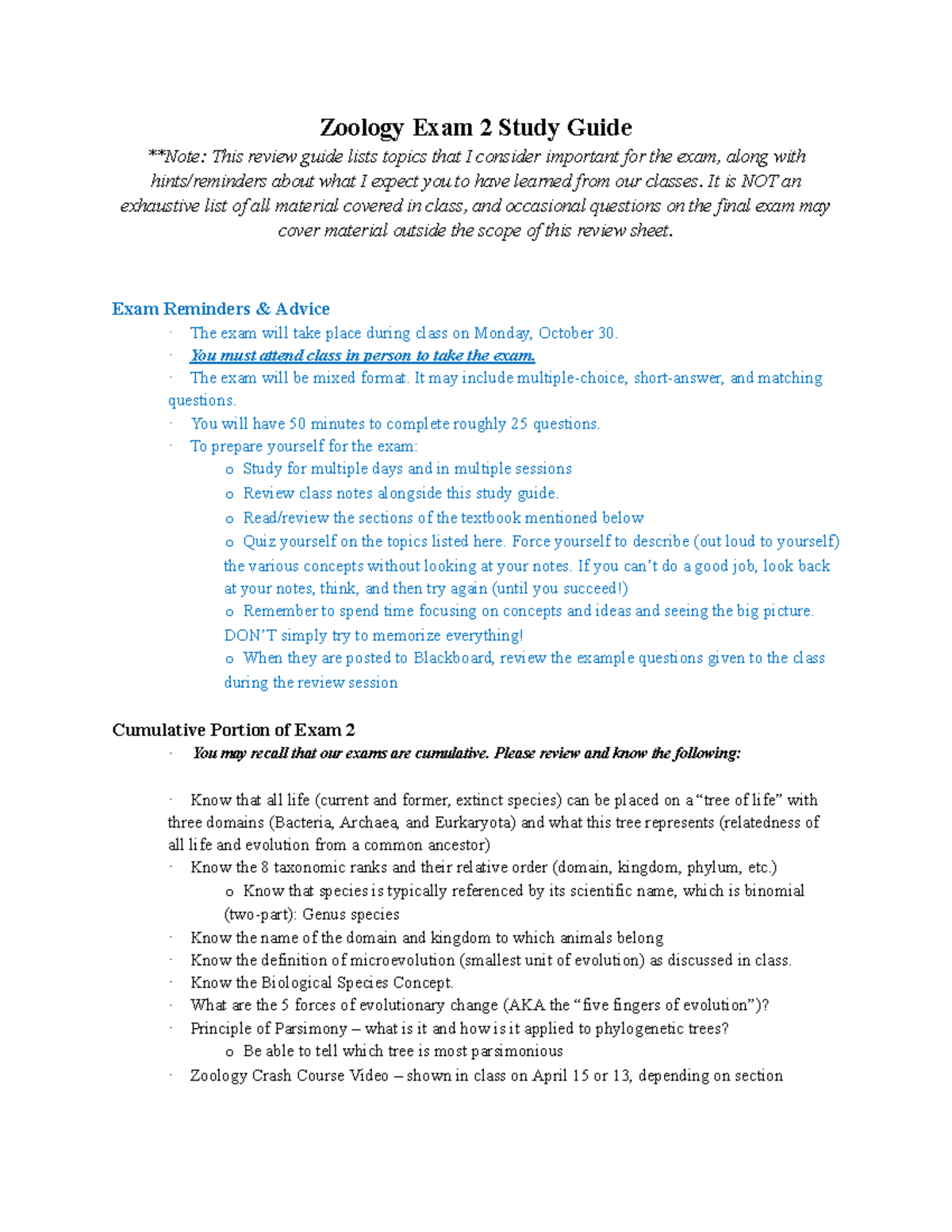 Zoology 210 Exam 2 Study Guide: Key Concepts and Exam Tips - Studocu