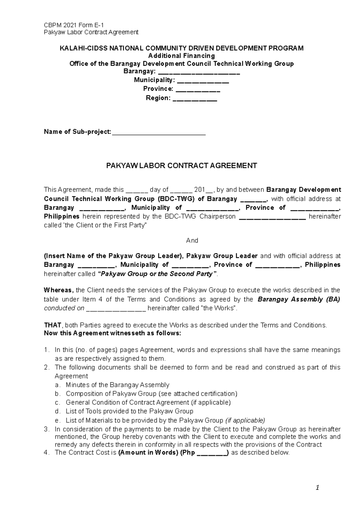 CBPM 2021 Form E-1 - Pakyaw Labor Contract Agreement Template - Studocu