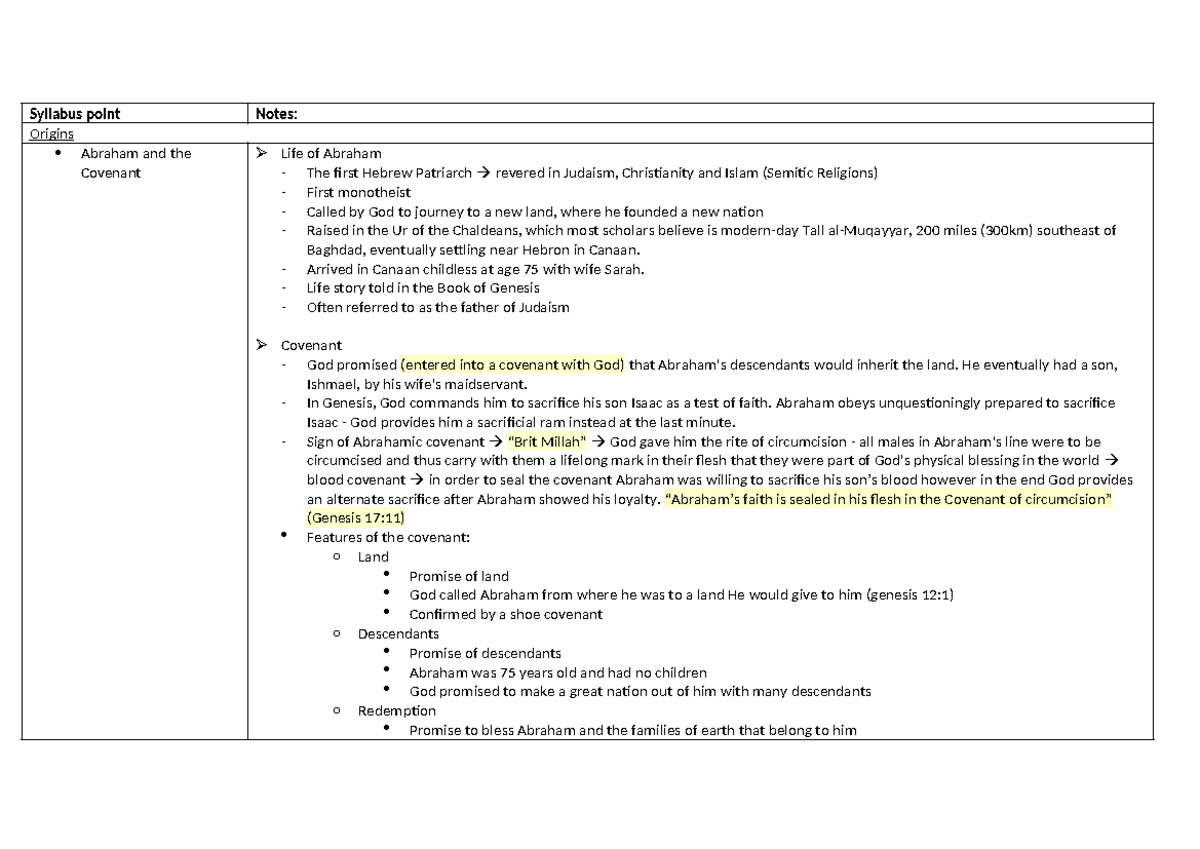 Unit 2: Judaism Syllabus Notes on Abraham and the Covenant - Studocu