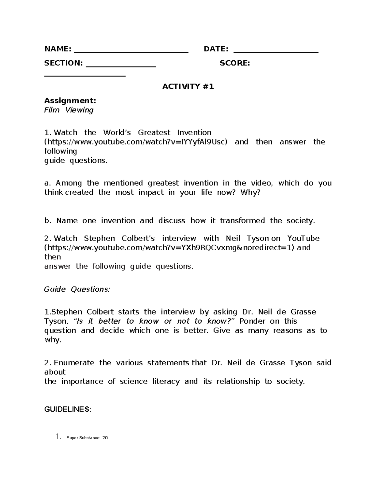 GEd-109-STS Activity 1: Reflection on Inventions and Science Literacy - Studocu