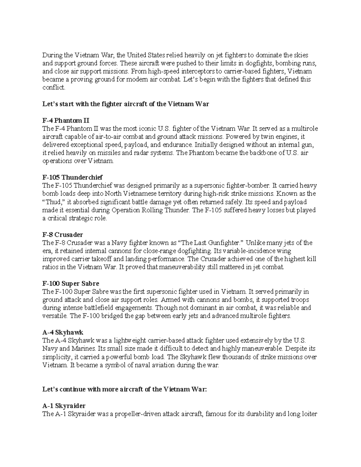 Fighter Aircraft of the Vietnam War: A Comprehensive Overview (CS201 ...