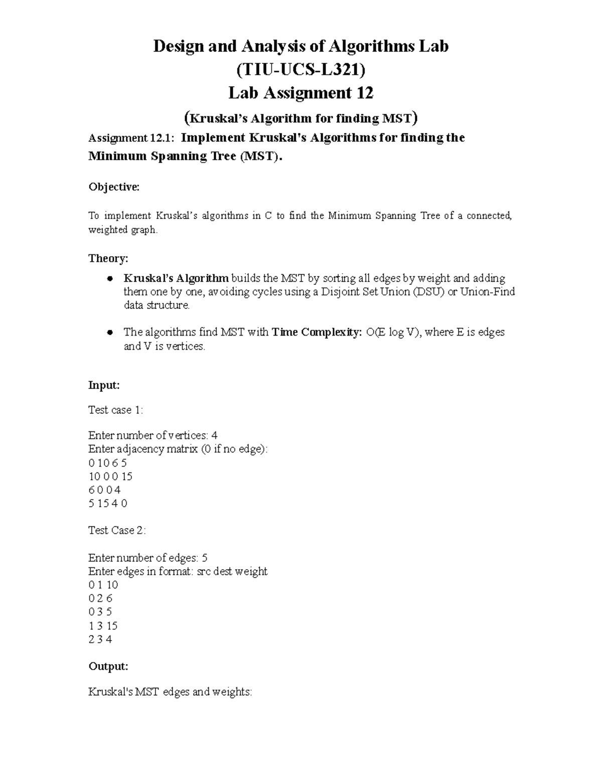 Lab Assignment 12: Implementing Kruskal's Algorithm for MST - Studocu