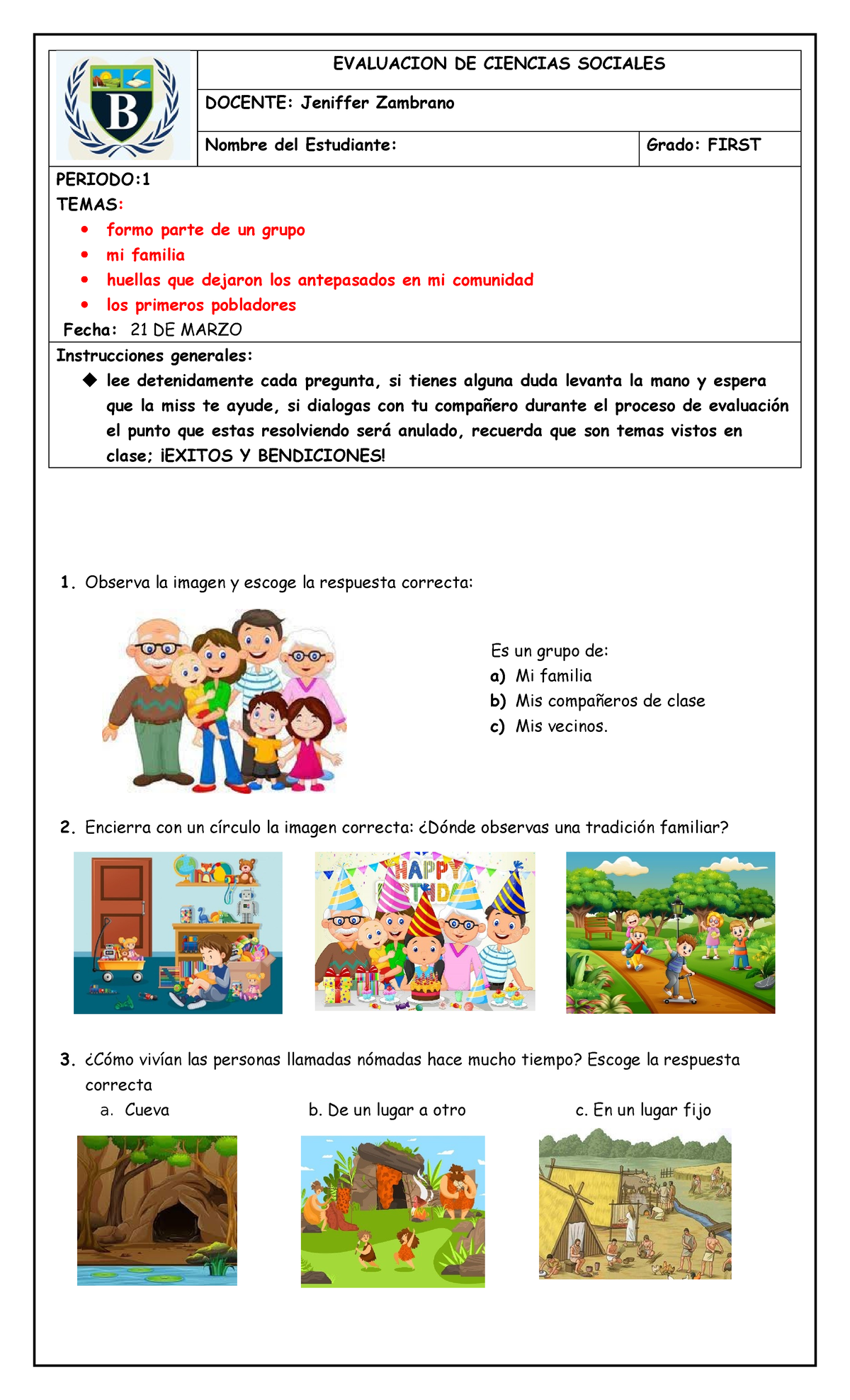 Evaluación 1 de Ciencias Sociales - Grado Primero - Studocu