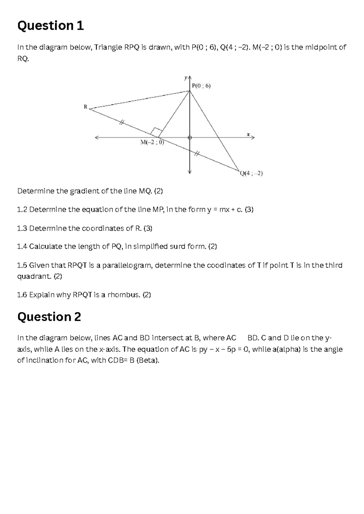 Grade 11 - Analytical Geometry: Exam Questions & Solutions - Studocu