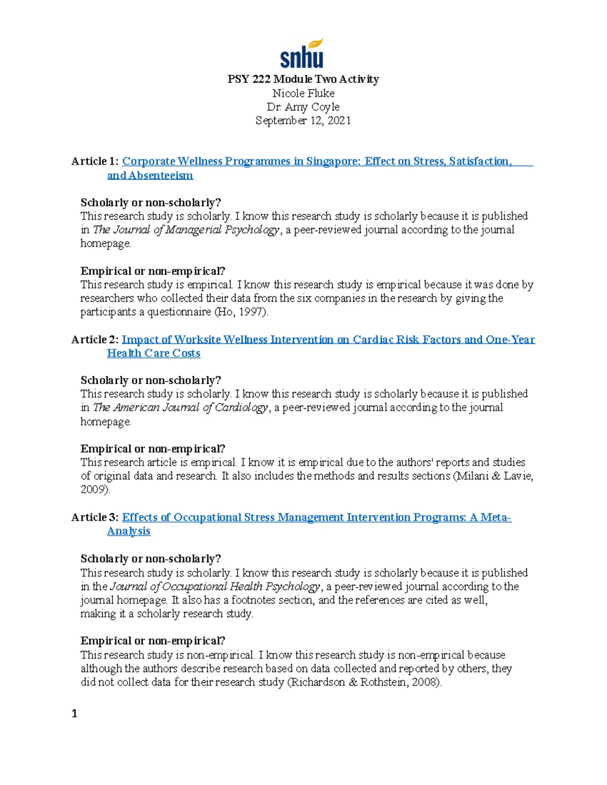 PSY 222 Module 2 Assignment - PSY 222 Module Two Activity Joseph Marcus Sistrunk Lauren Frasier ...