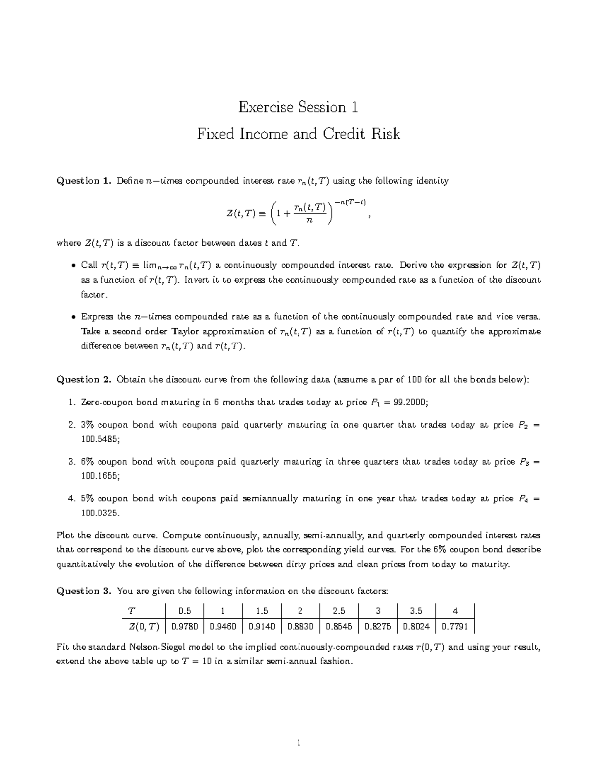 Exercise Session 1 - Fixed Income & Credit Risk Analysis - Studocu