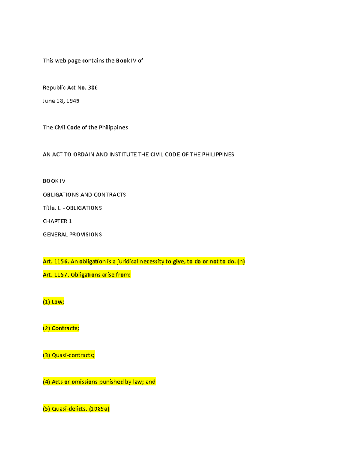 Book IV - Obligations and Contracts in the Civil Code of the ...