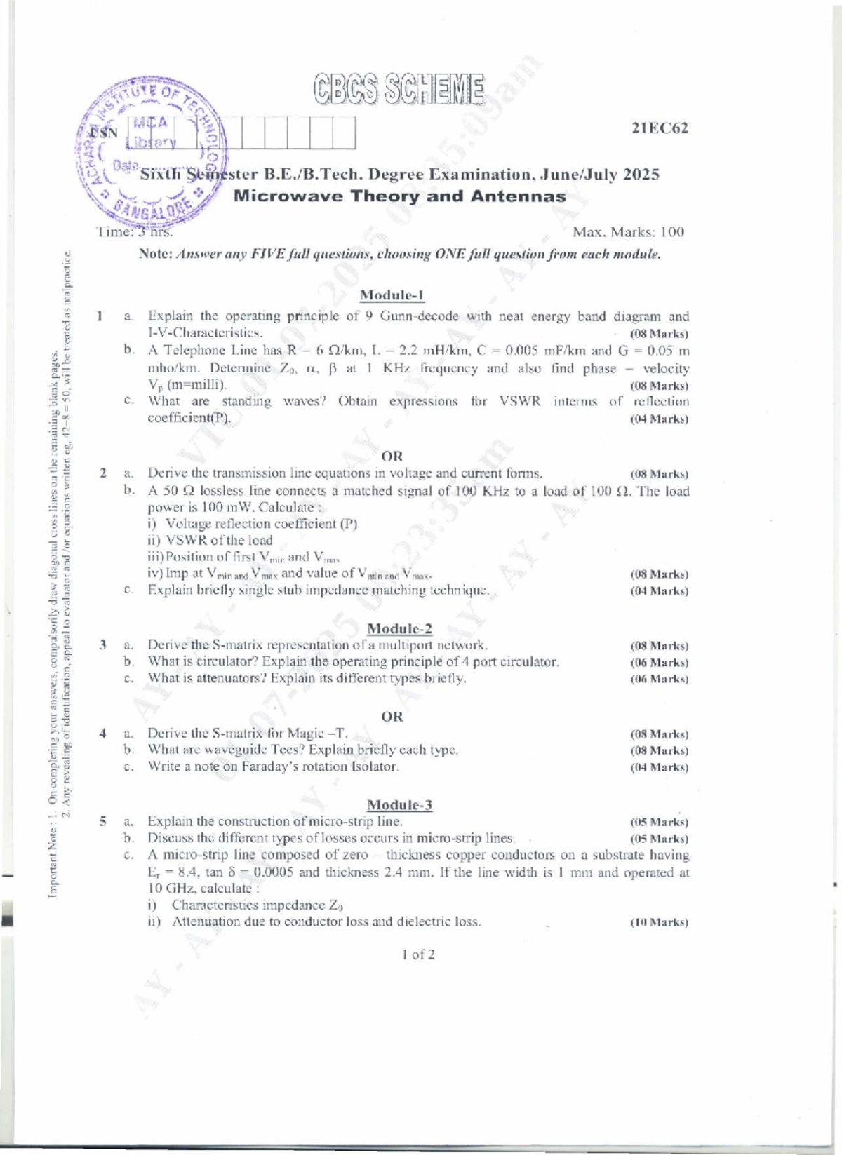 21EC62 MTA June July 2025: Microwave Theory & Antennas Exam Guide - Studocu