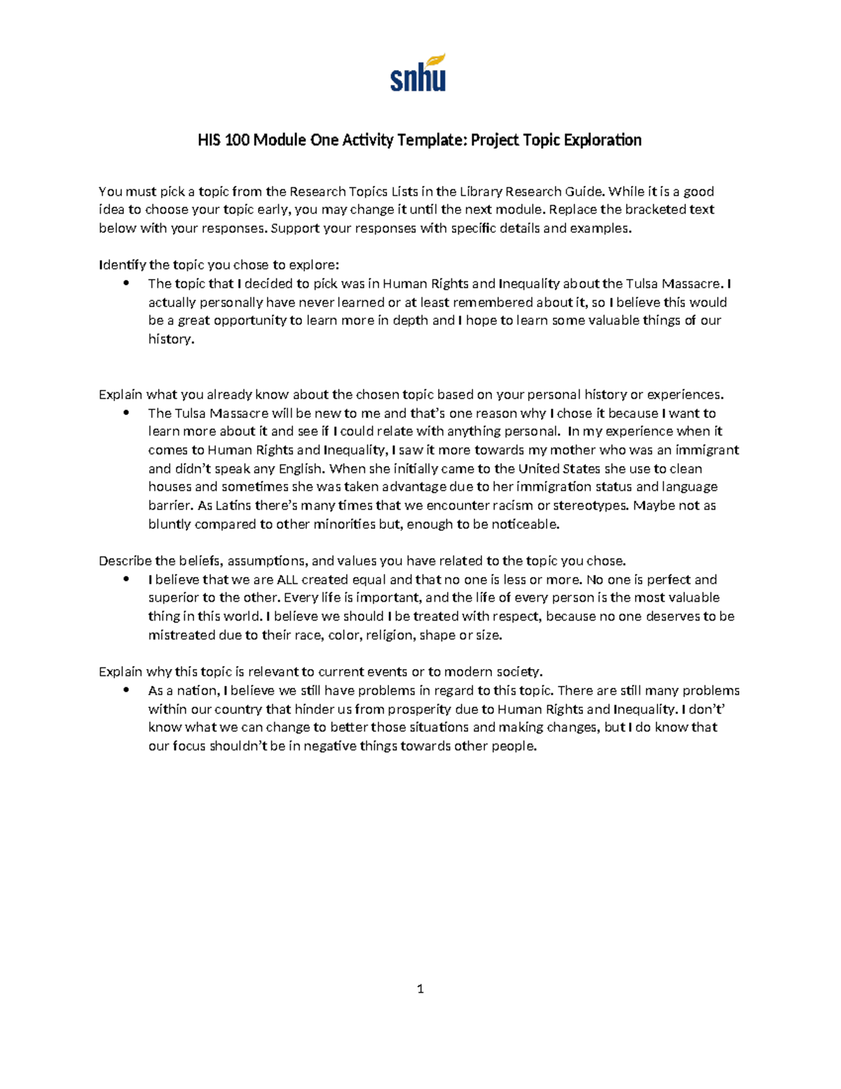 HIS 100 Module One Activity Template - While it is a good idea to ...