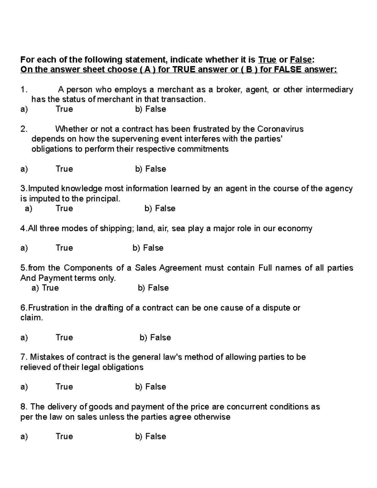 Question Bank Sheet - International Trade (IT 101) True/False & MCQs ...