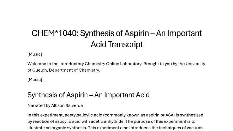 Synthesis of Aspirin: Organic Chemistry Lab Experiment (CHEM 101) - Studocu