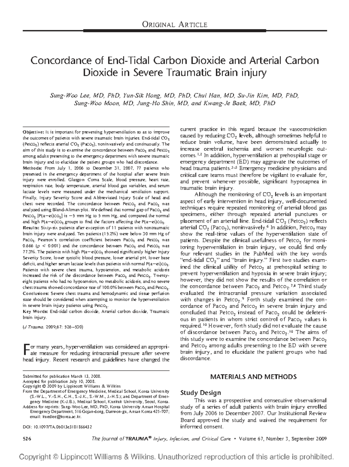 Concordance of End-Tidal CO2 and Arterial CO2 in Severe TBI (J Trauma ...