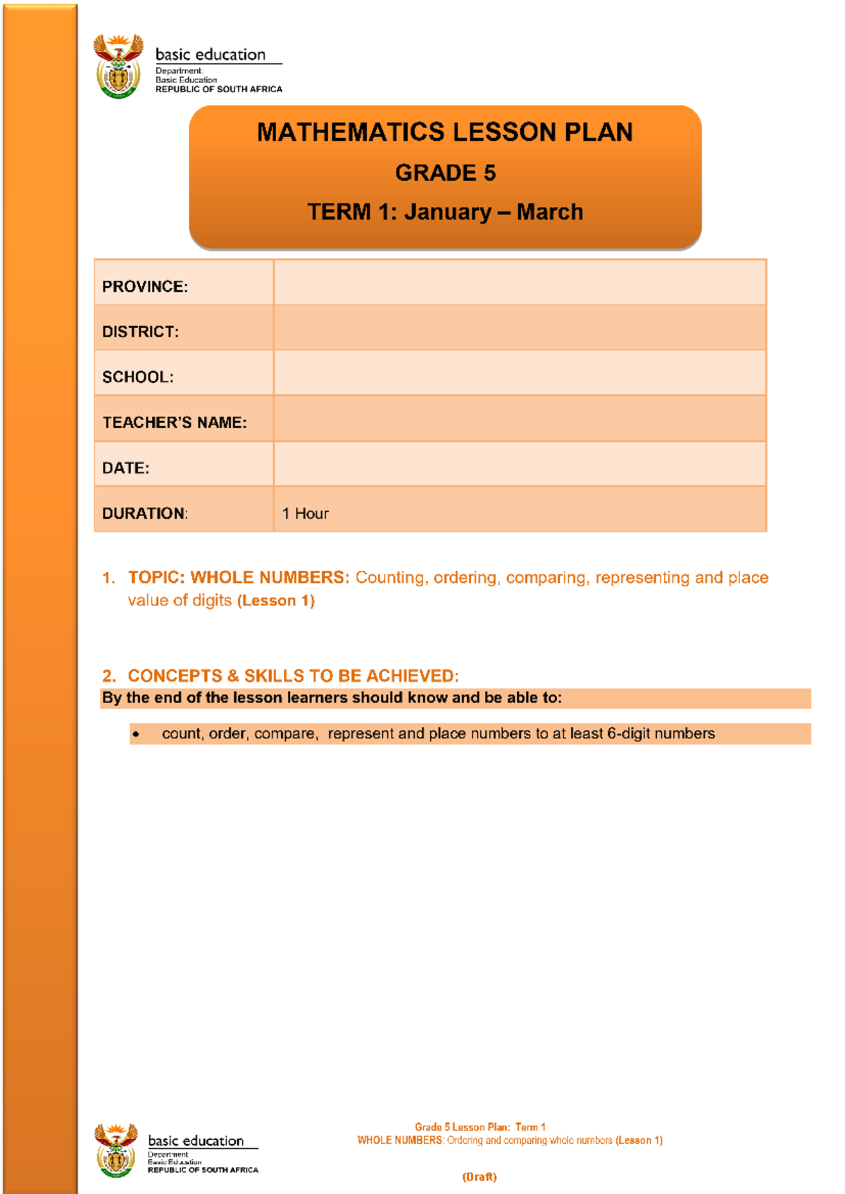 Grade 5 Term 1 Mathematics Lesson Plan on Whole Numbers - Studeersnel