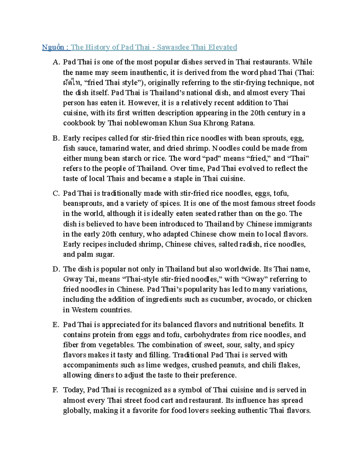 MCQ on Pad Thai: Thailand's Famous Noodles History and Facts - Studocu