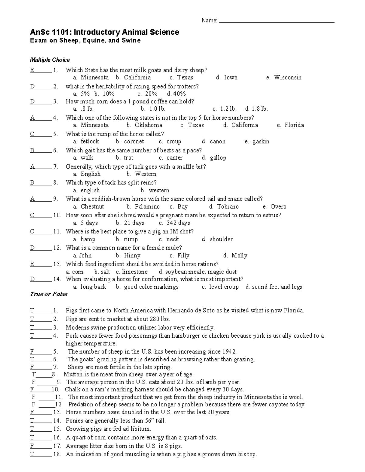 AnSc 1101: Introductory Animal Science Exam on Sheep, Swine, and Horses ...
