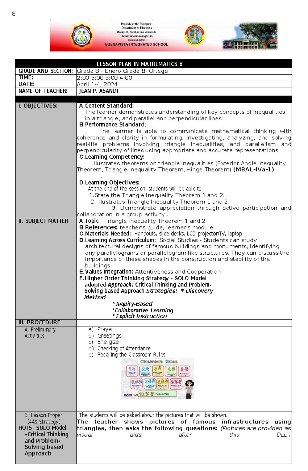 Grade 8 Math Lesson Plan: Triangle Inequality Theorem & HOTS-SOLO - Studocu