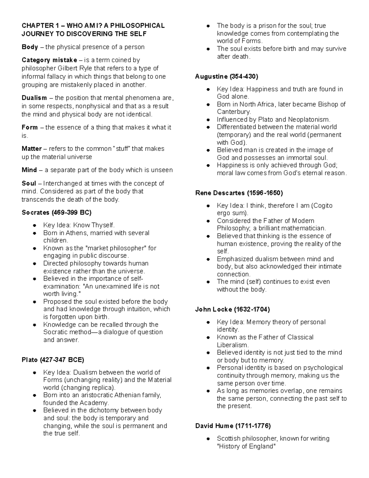 Philosophical Insights on Self and Identity: UTS Chapter Notes - Studocu