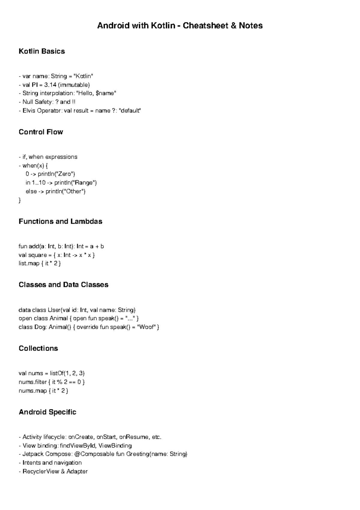 Android (KOTLIN) Cheatsheet: Basics, Jetpack Compose & More - Studocu