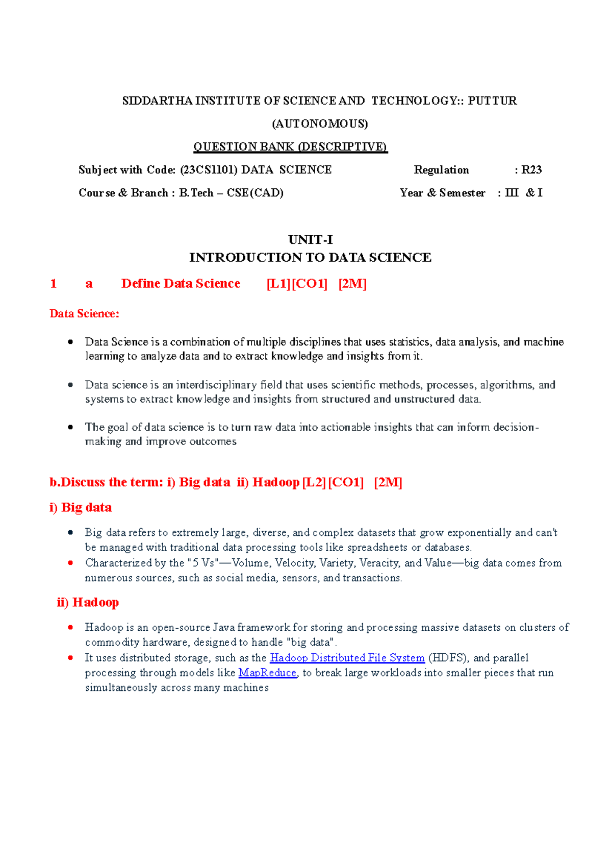 Data Science Question Bank (23CS1101) - Descriptive Notes - Studocu